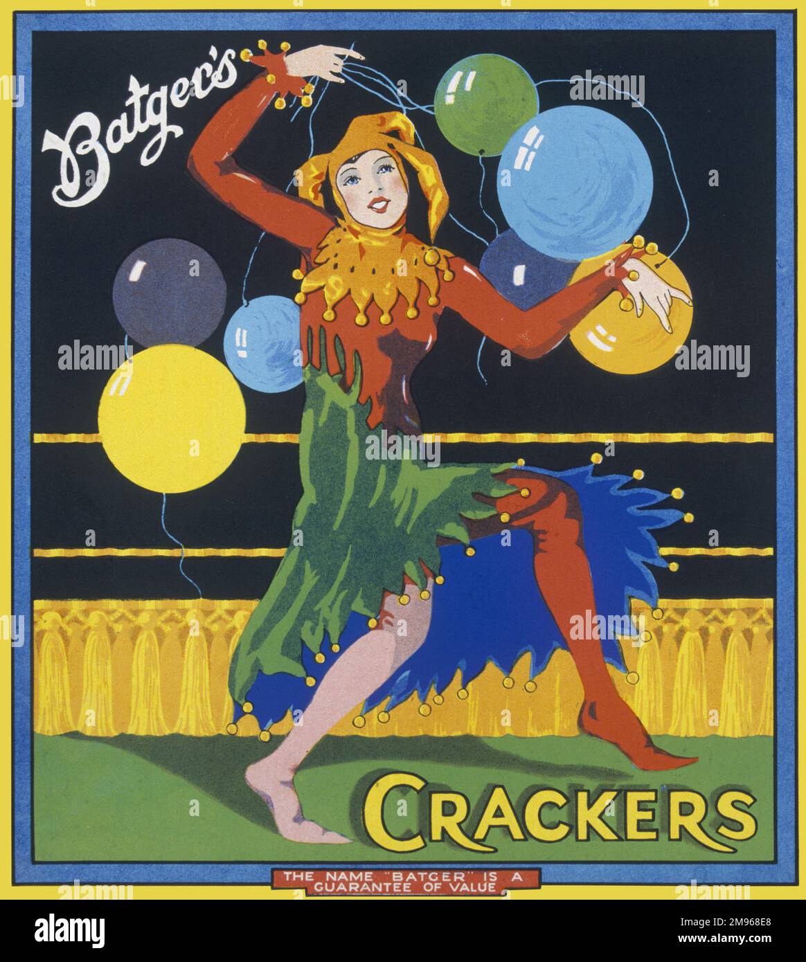 Label for a box of Batgers Christmas crackers featuring a lady jester ...