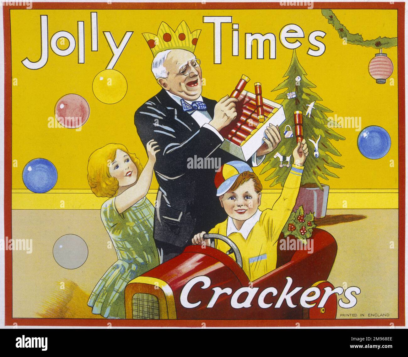 Label from a box of Jolly Times Christmas crackers with two children ...