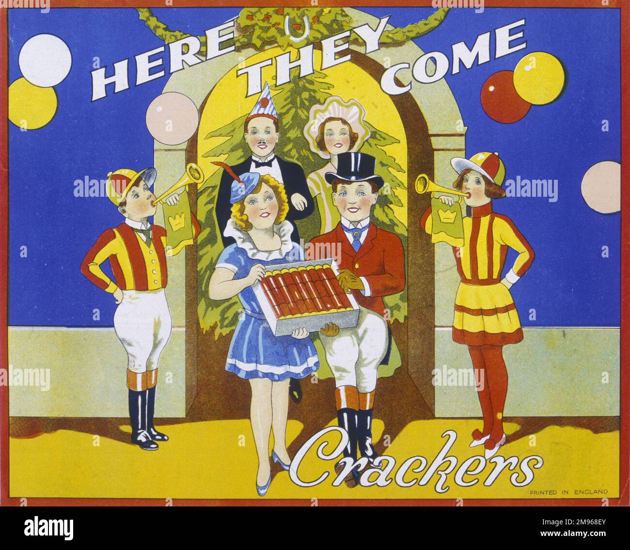 Label from a box of "Here They Come" Christmas crackers showing a group ...