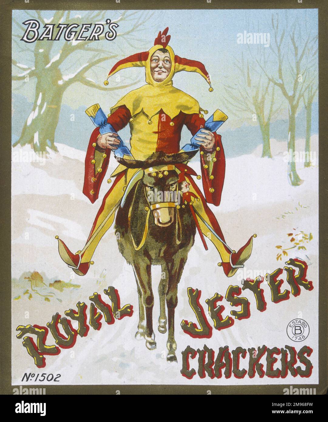 Original label from a box of Batgers Royal Jester crackers featuring a jolly looking jester ...