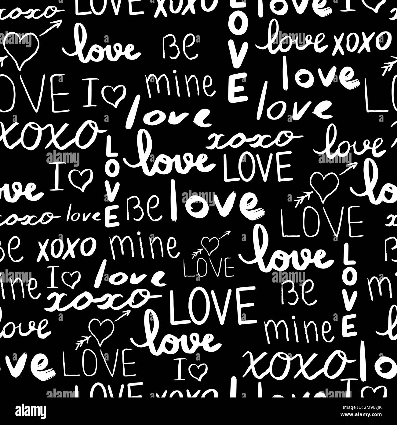 Text love, script cute doodle hand drawn seamless pattern on black background. Vector ...