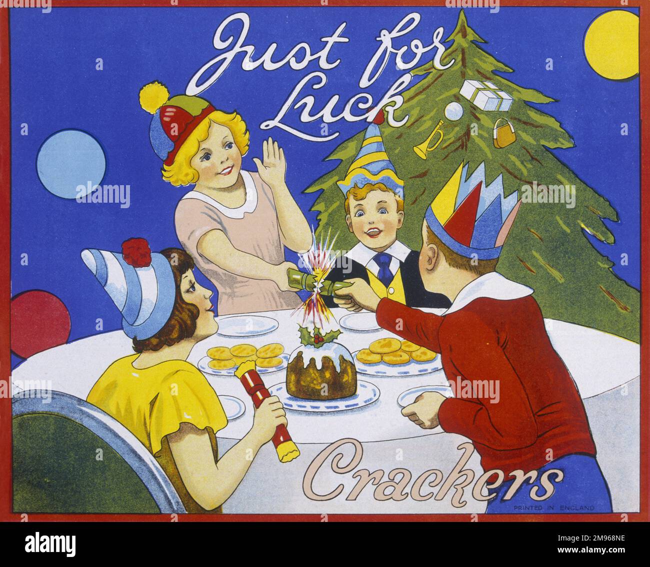 Label from a box of Just for Luck crackers featuring a group of four ...