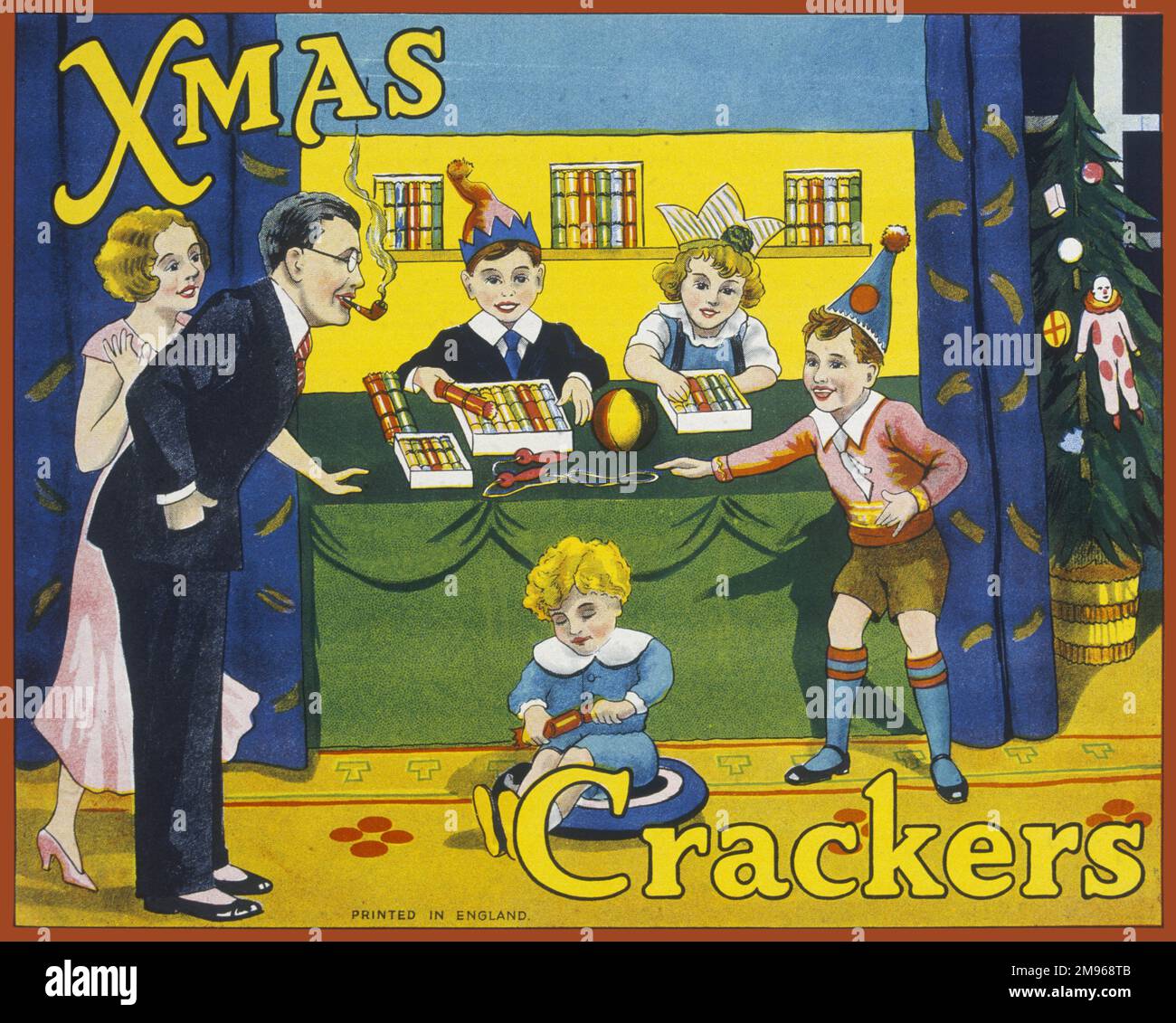 Label from a box of Christmas crackers depicting a family enjoying ...