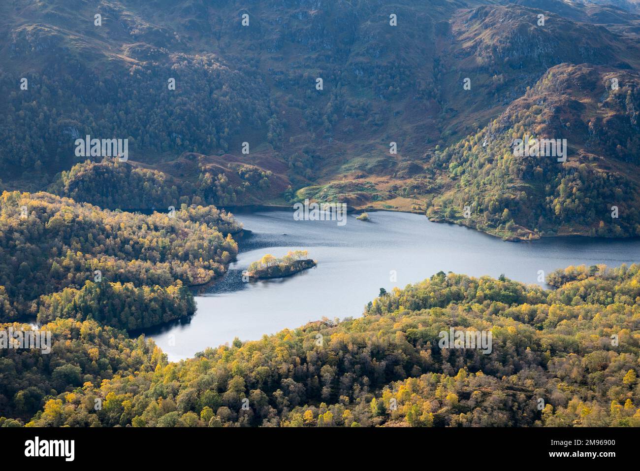 Birch woodland and Loch Katrine in autumn, view from Ben A'an, Loch ...