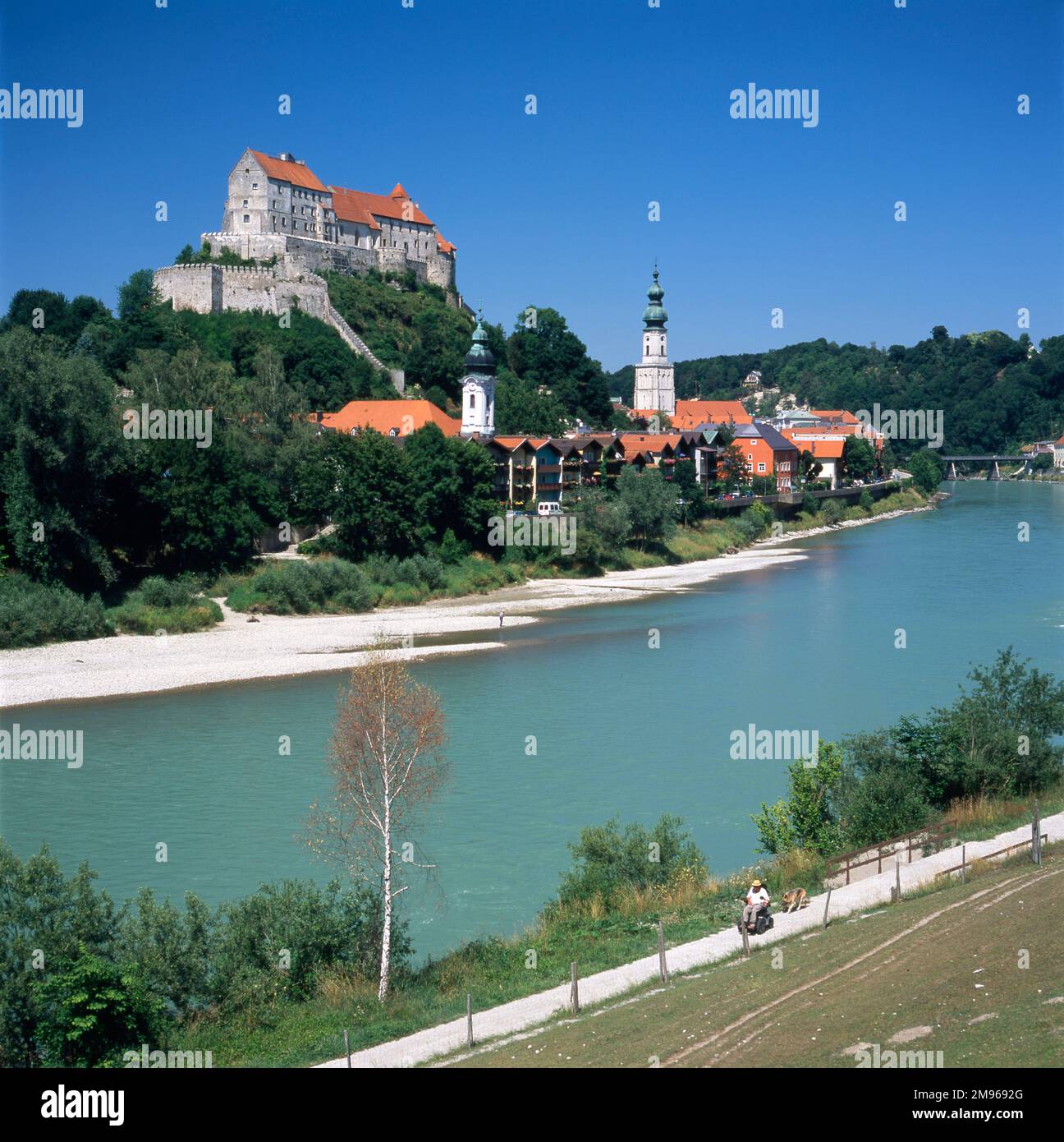 View of the gothic castle across the Salzach River in the city of ...