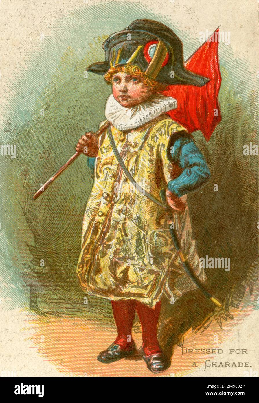 A small boy dressed in a confusing variety of historical fancy dress ...