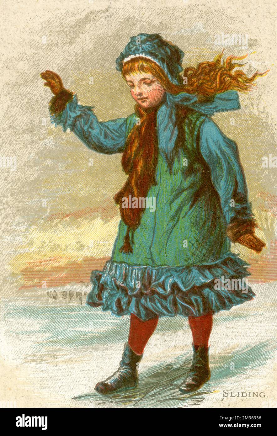 A Victorian little girl, dressed in a fancy coordinating frilled coat ...