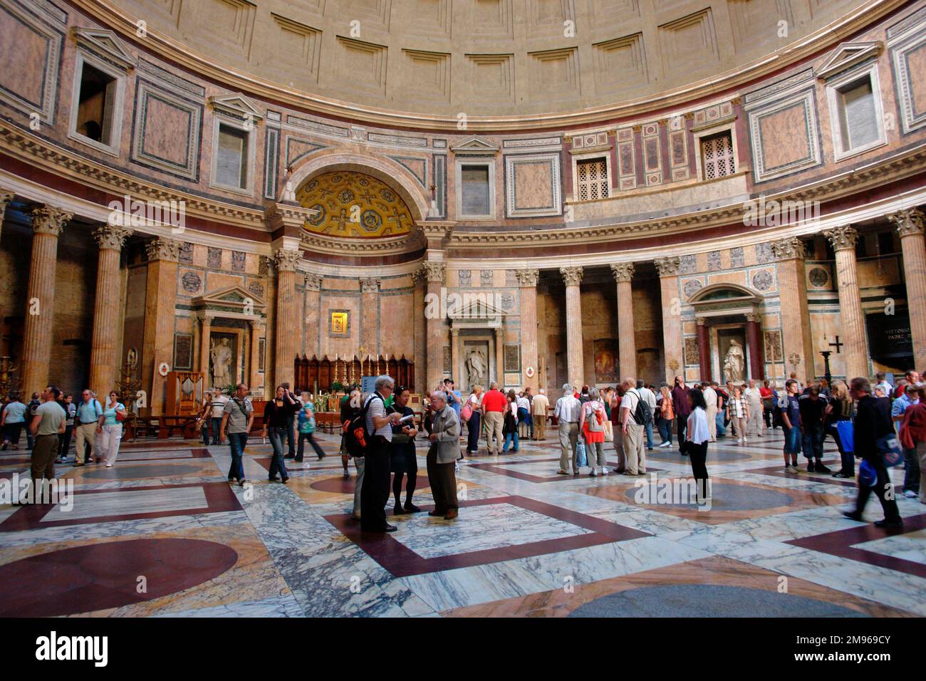 Interior of the Pantheon in Rome, Italy, with a crowd of sightseers in ...