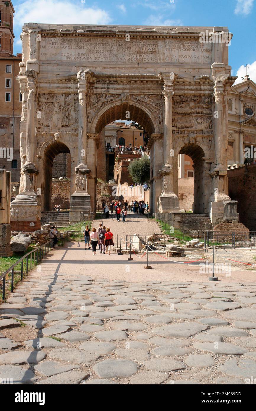 View of the Arch of Septimius Severus in Rome, Italy. This is a white ...