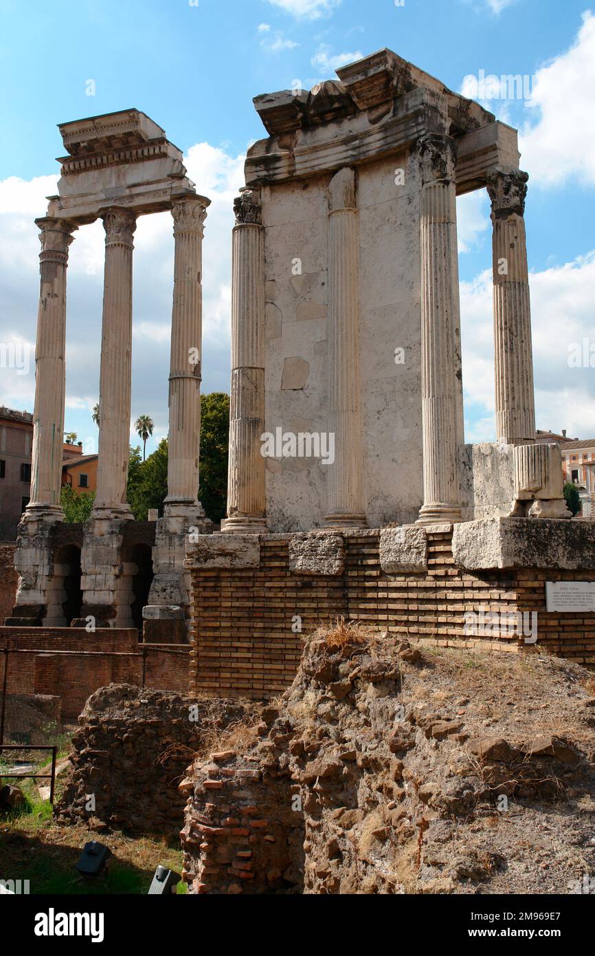 View of ruins and pillars in the Roman Forum, or Forum Romanum, Rome ...