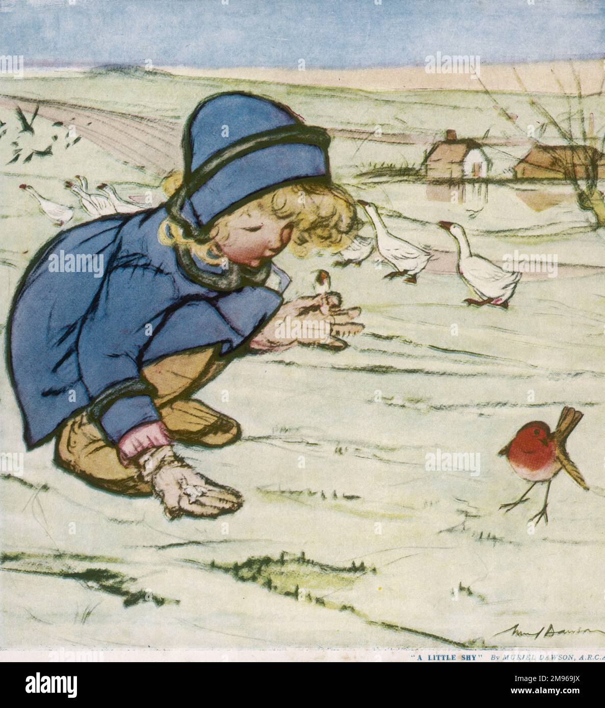 A little girl in a blue coat and hat, crouches down in the snow ...