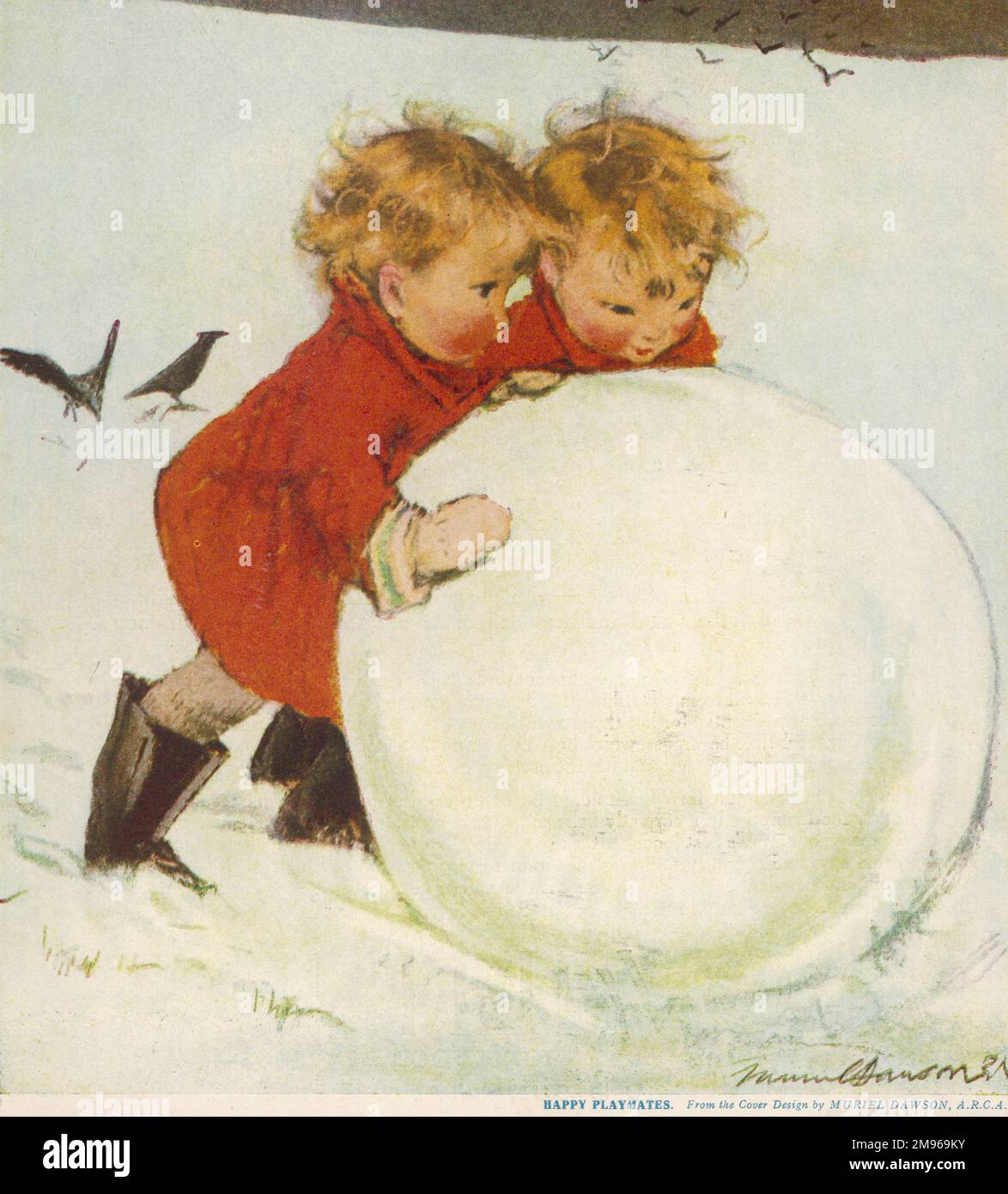 Two small children, possibly twins, play together in the snow, pushing ...