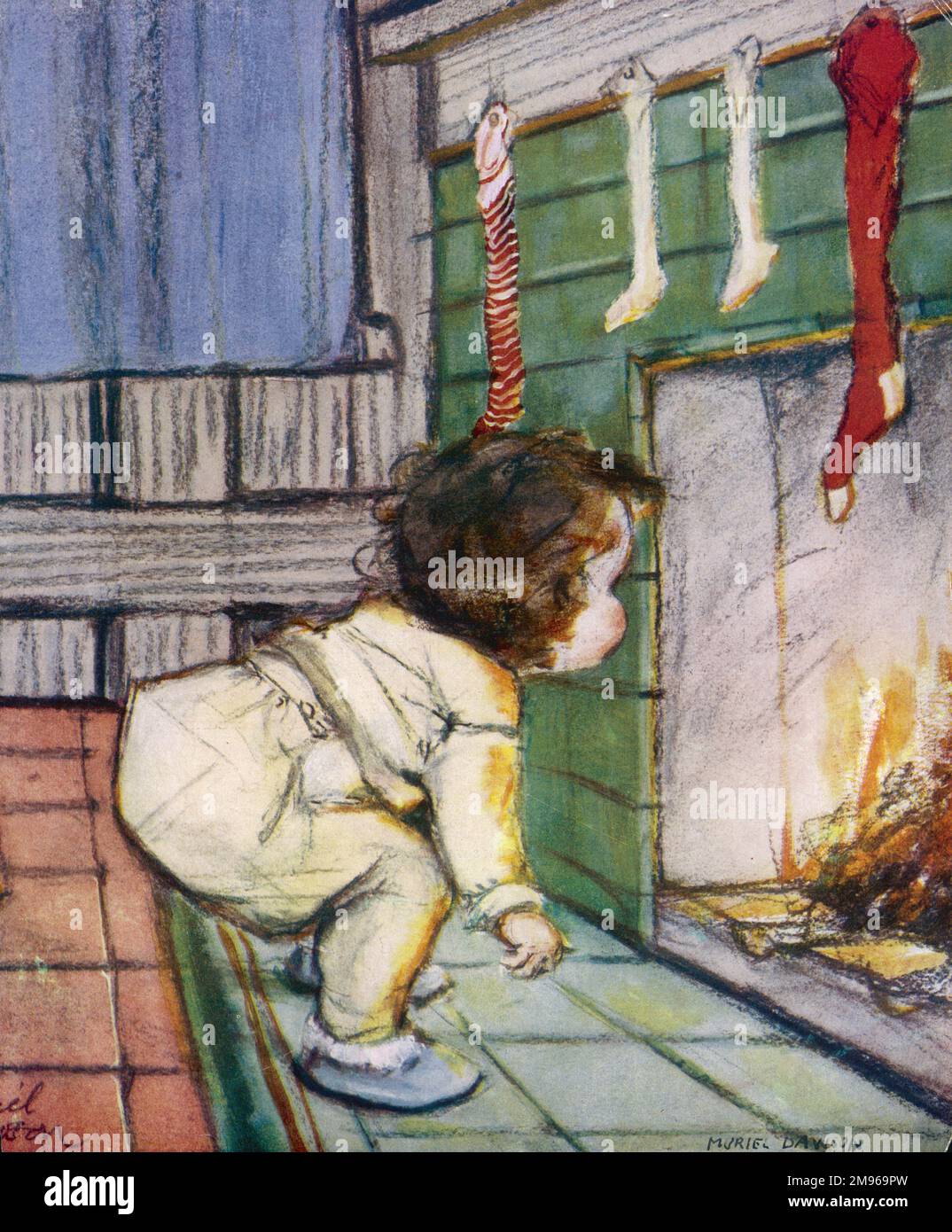 A little child peers up the chimney, wondering how Father Christmas is ...