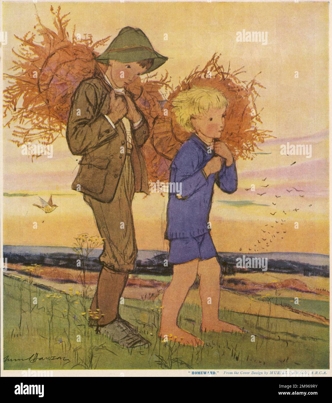 Two boys with bushels of hay make their way home through the fields ...