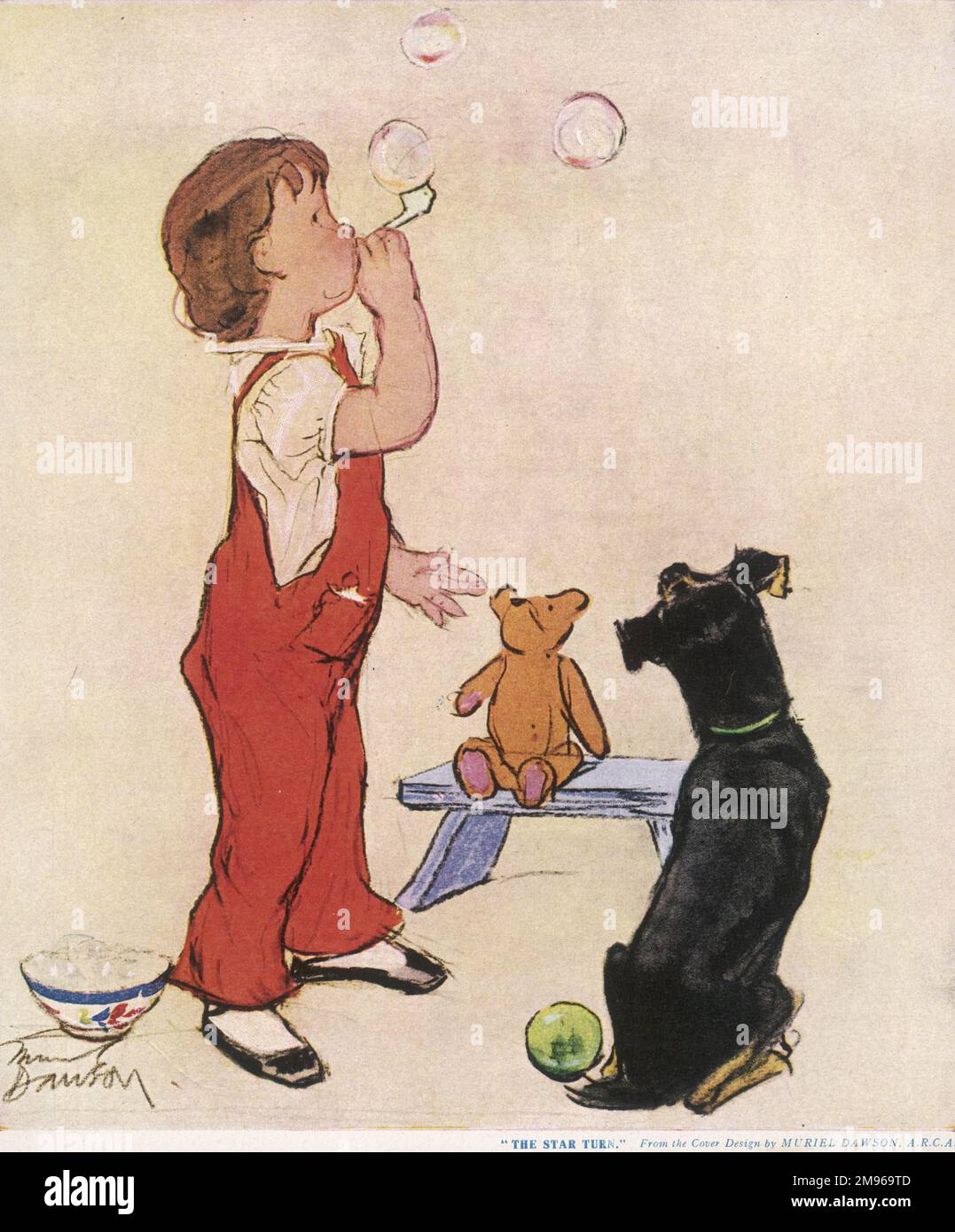 A small child in red dungarees blows bubbles from a bubble pipe watched ...