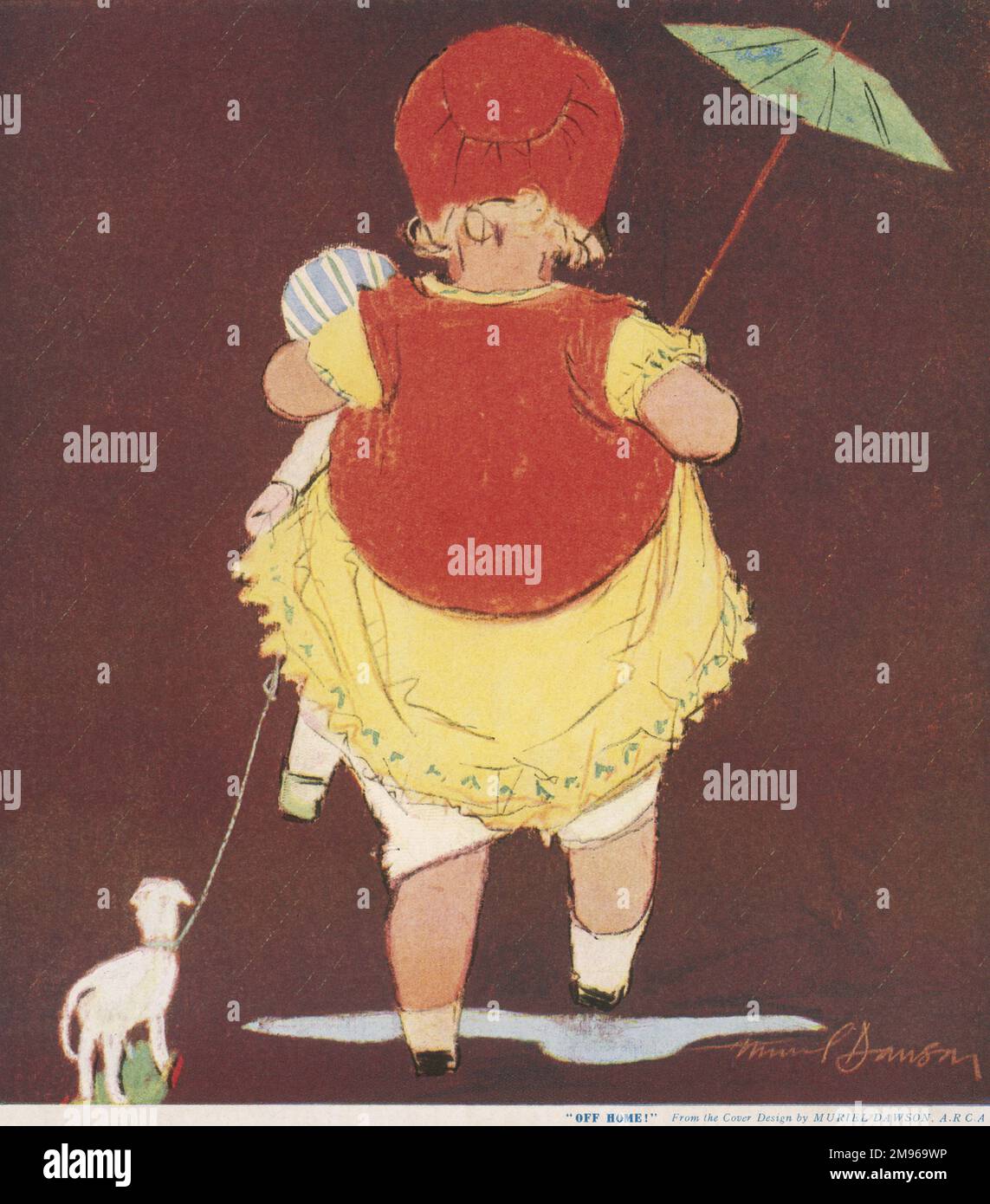 Charming depiction of a back view of a little girl who steps over a ...