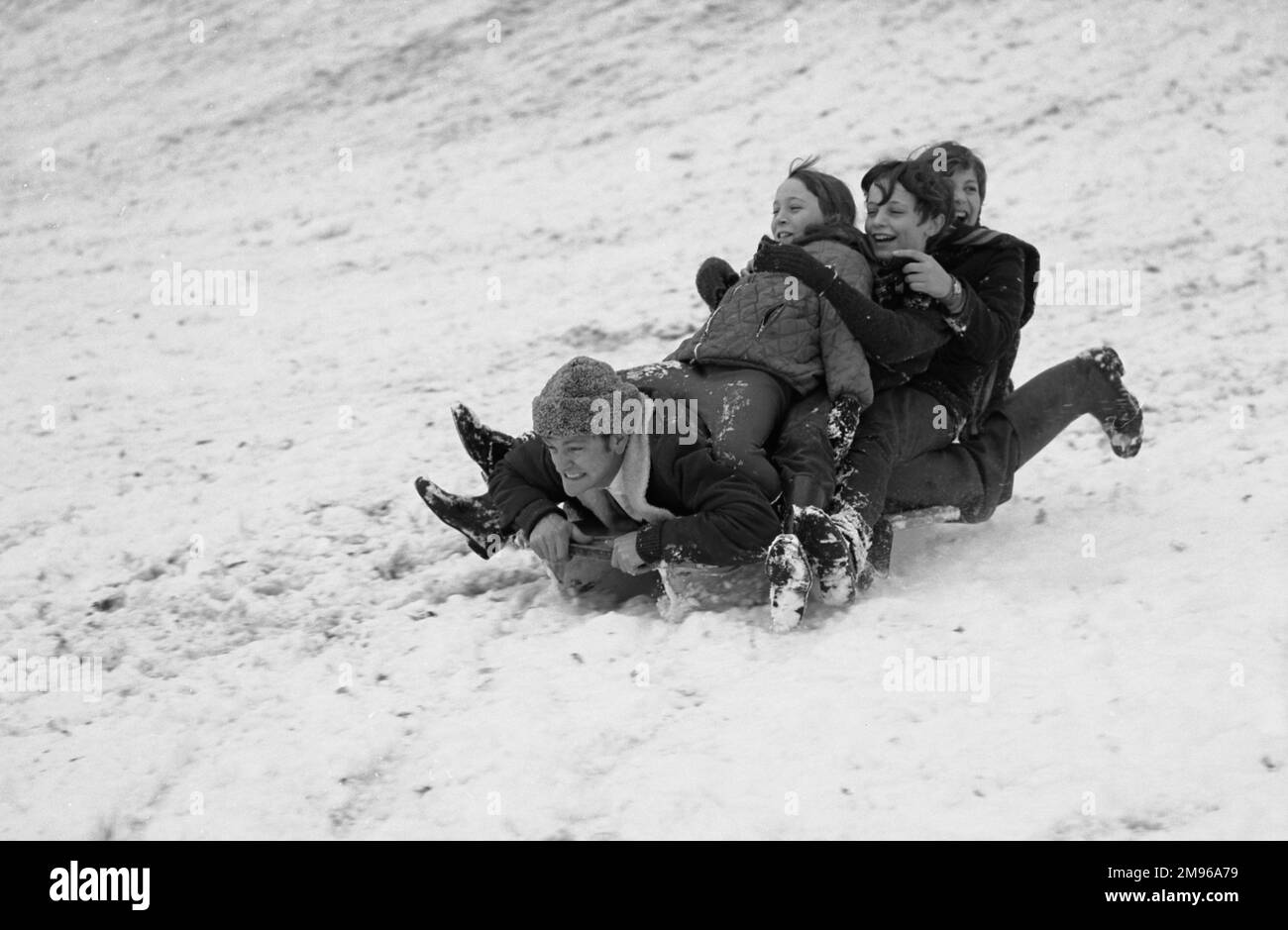 A man and three children sliding downhill on a toboggan in the snow ...
