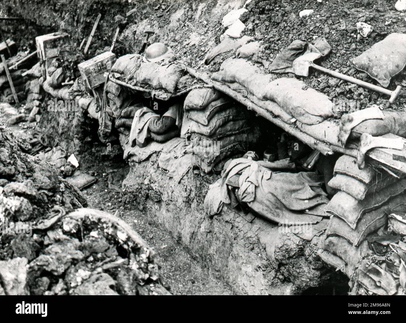 A trench scene during the First World War, with soldiers asleep in their dugouts Stock Photo - Alamy