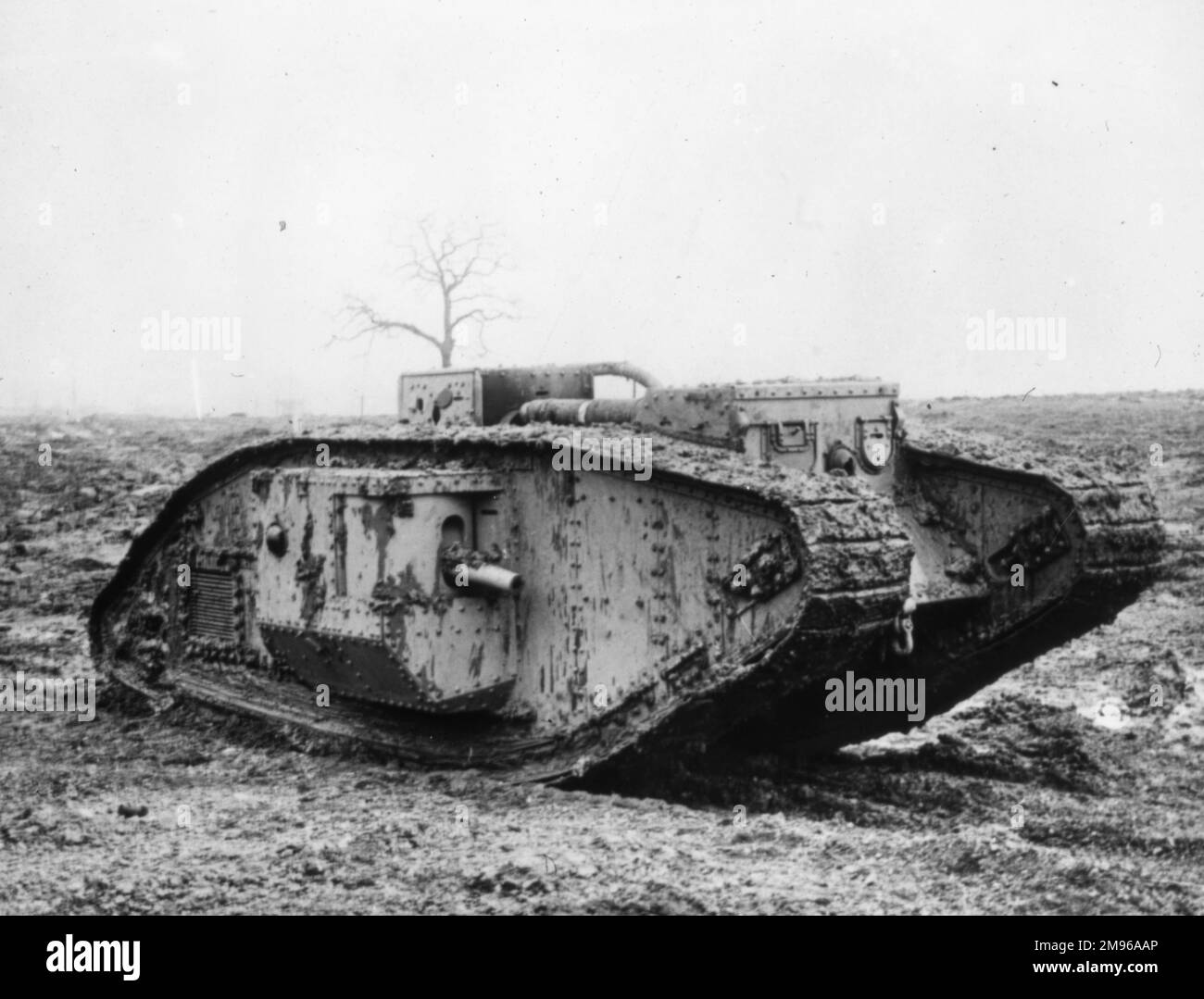 View of an armoured tank sitting on a battlefield during the First ...