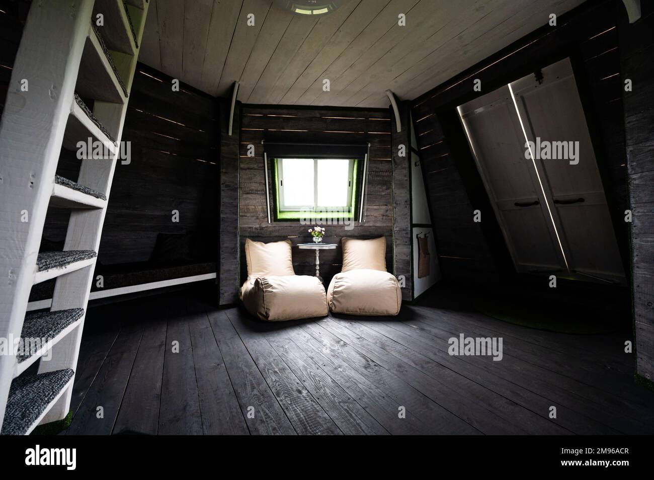 Wooden interior design. Living room of summer house. Pyramid shape ...