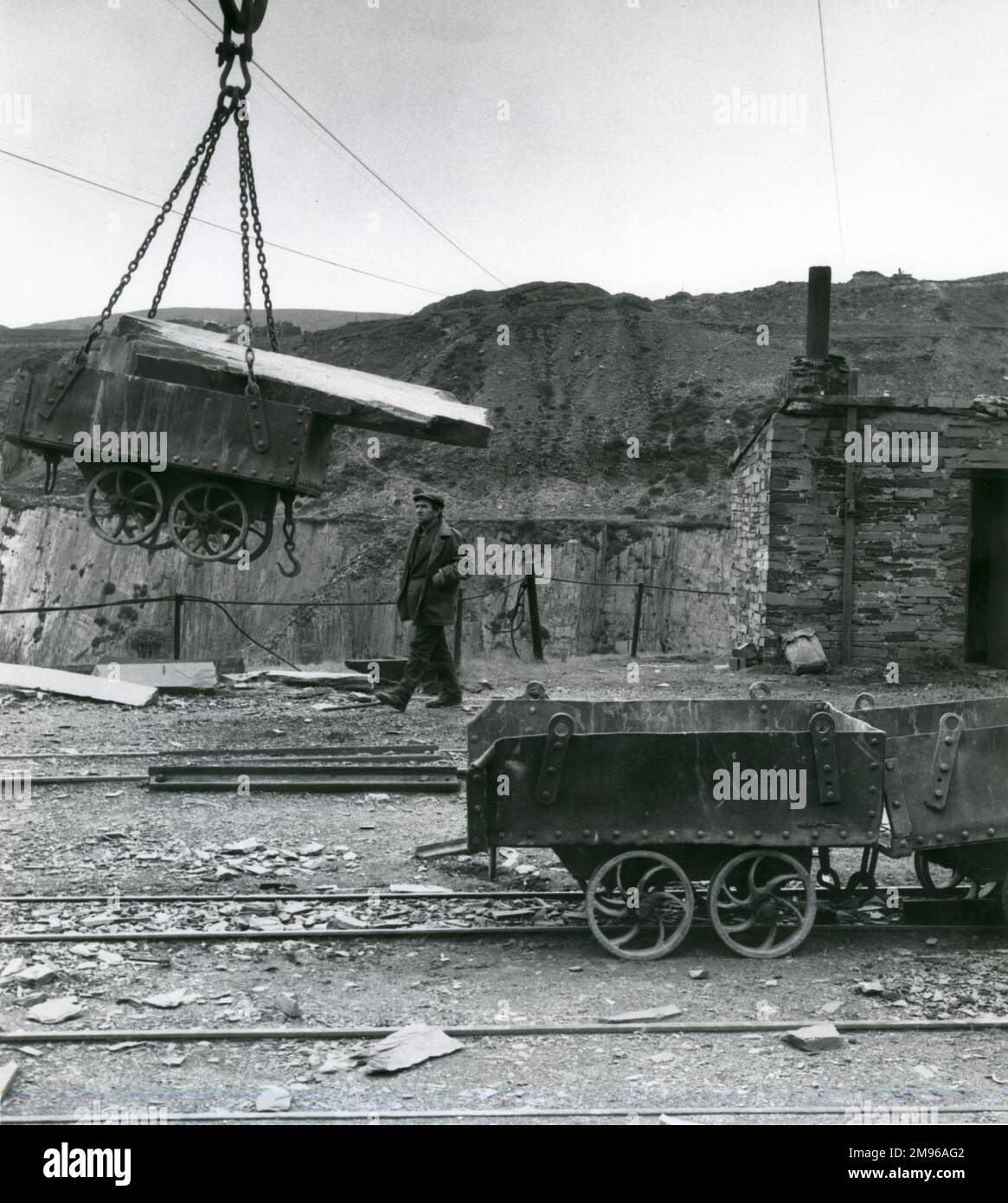 Lowering a tram full of slate onto the rails at Penyrorsedd Slate ...