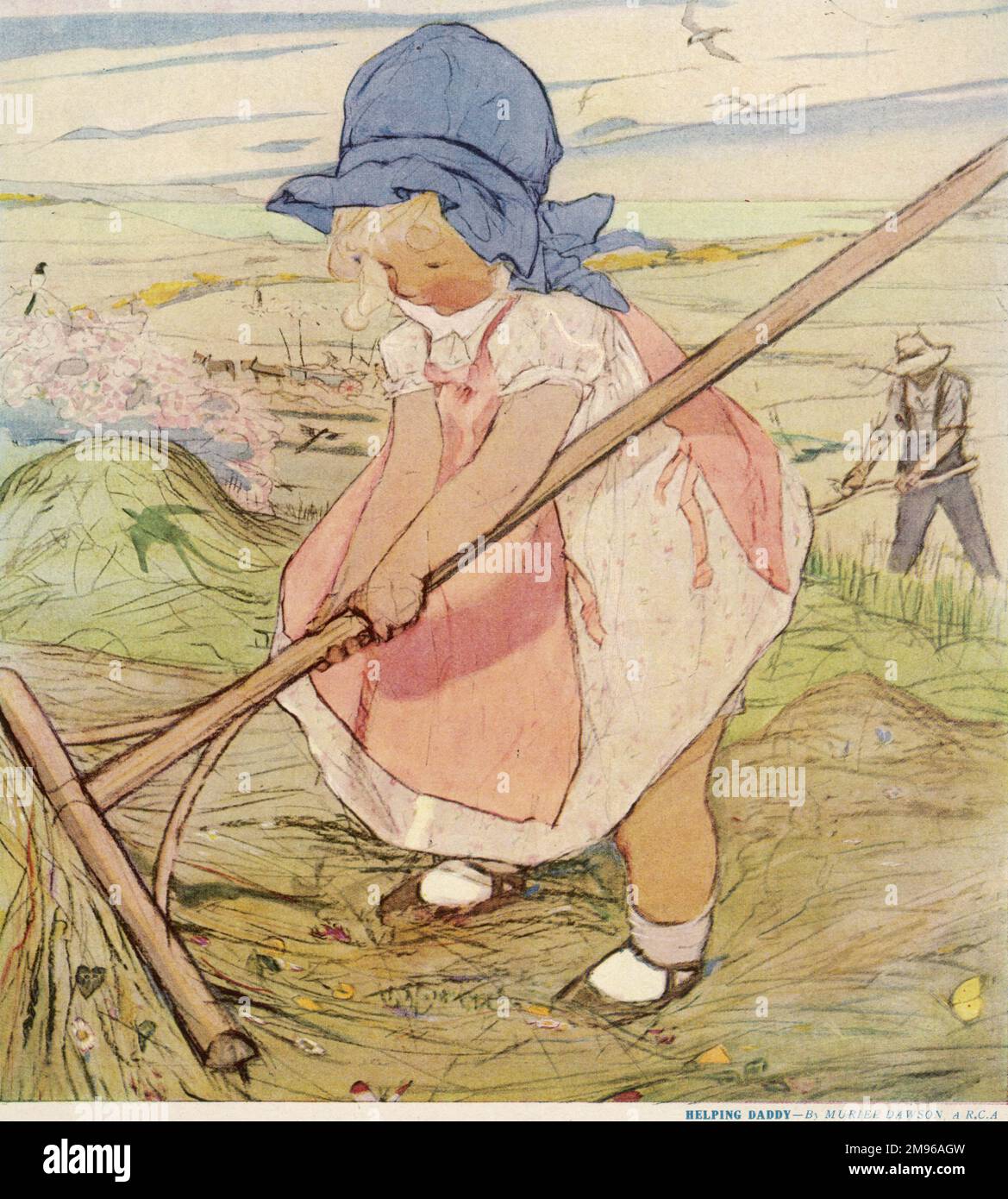 A little girl in an apron and a Victorian style sun bonnet helps her ...