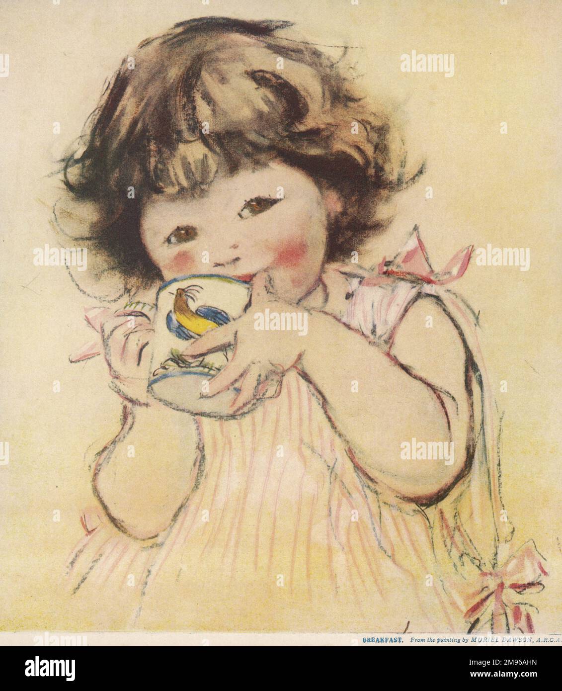 A jolly little girl with brown hair and eyes sips from a mug decorated ...