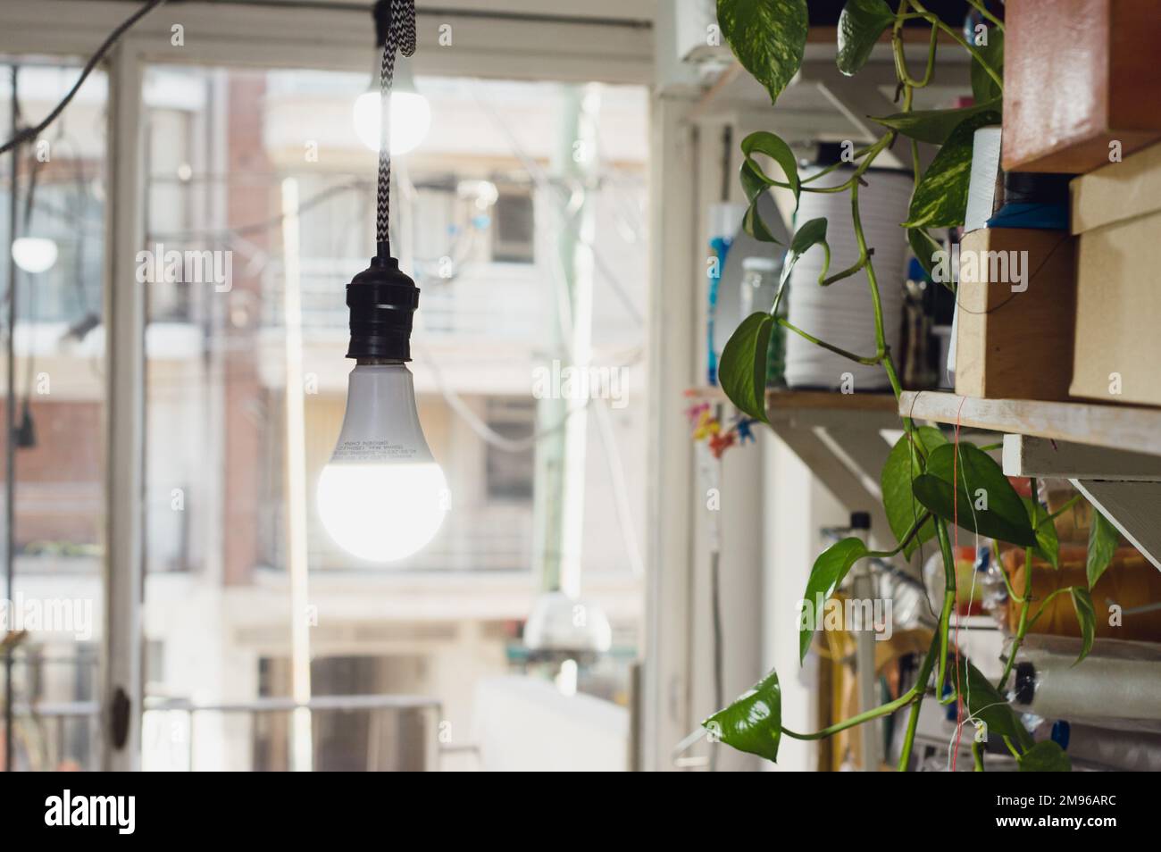 white led light bulb, hanging from the ceiling inside a clothing ...