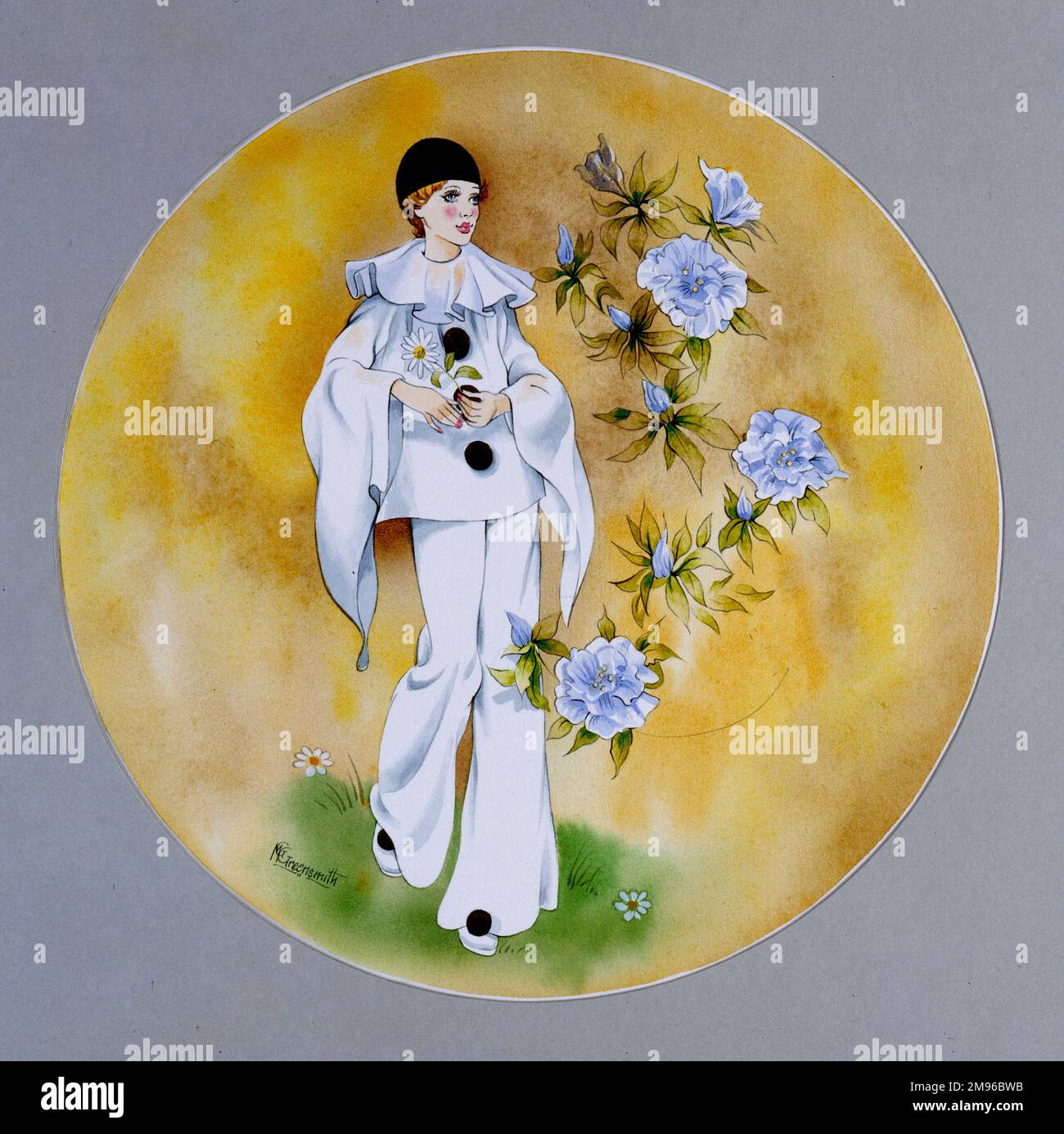 Girl in a Pierrot Costume in this stylised circular painting by Malcolm ...