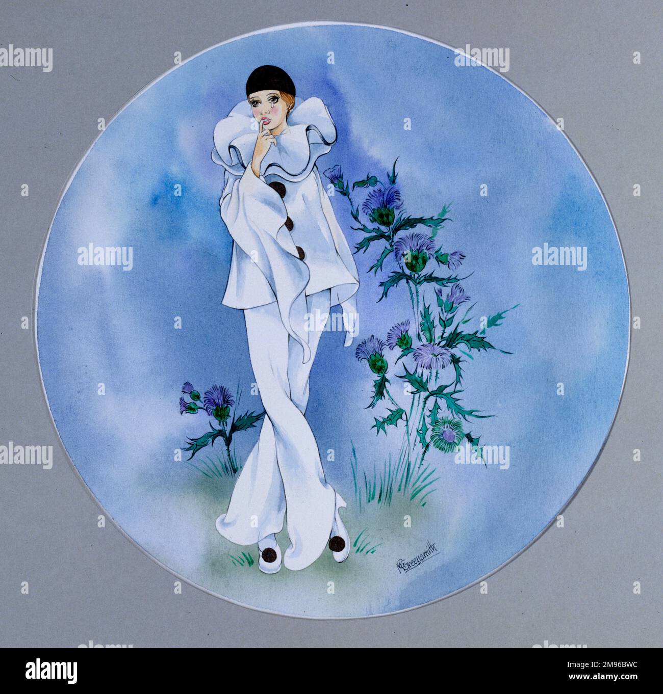 Girl in a Pierrot Costume in this stylised circular painting by Malcolm ...