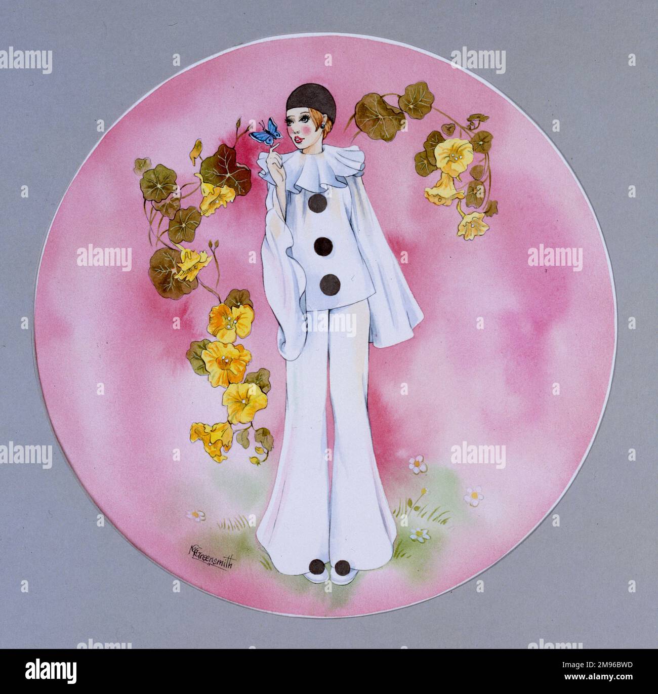 Girl in a Pierrot Costume in this stylised circular painting by Malcolm ...