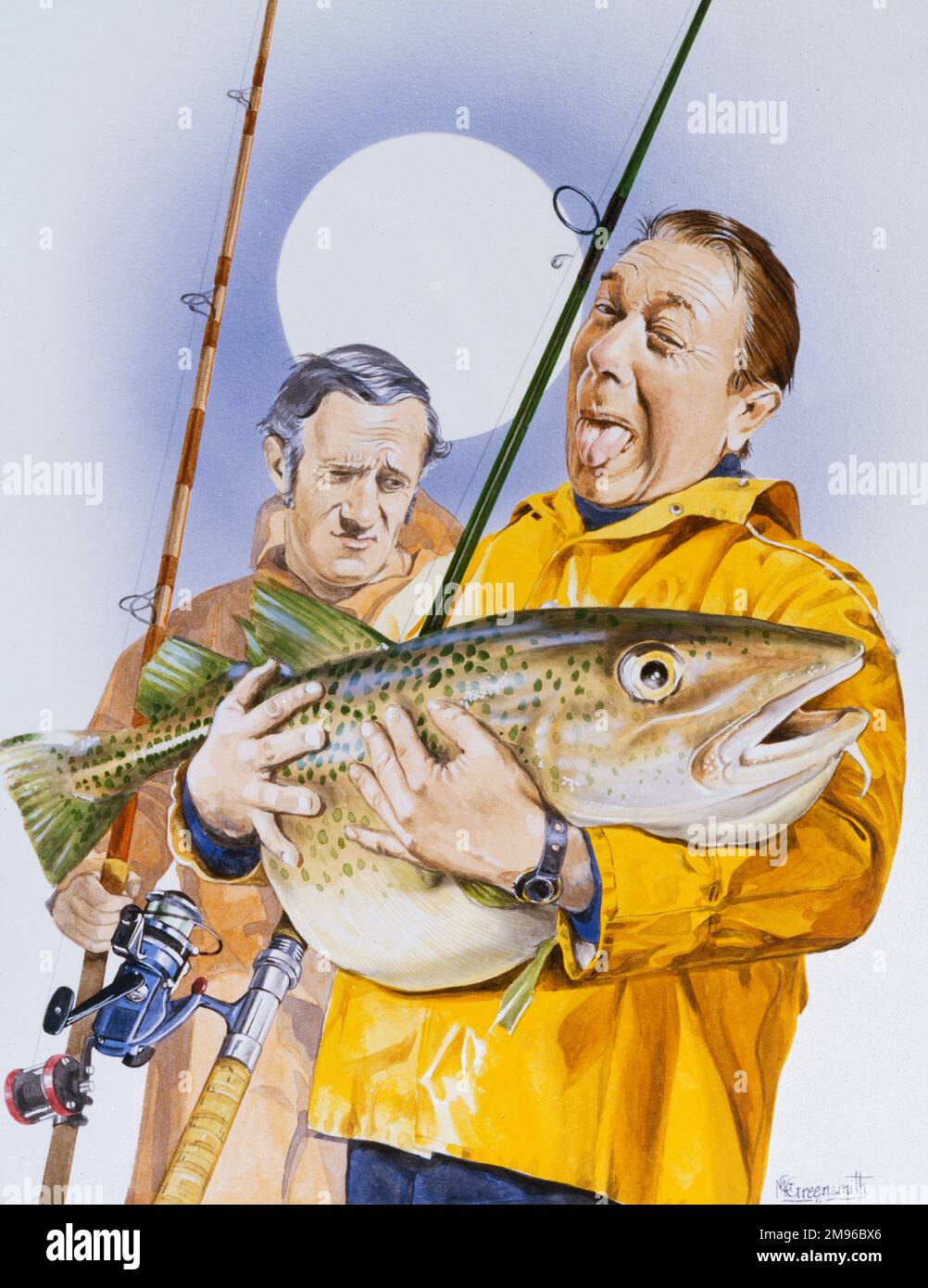A jolly fisherman wearing a bright yellow waterproof jacket holds on to ...