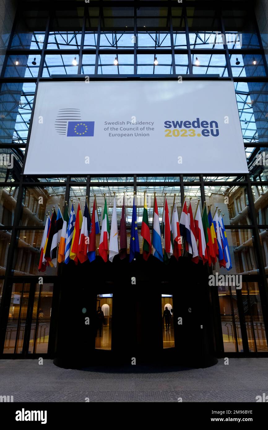 Brussels, Belgium. 17th Jan, 2023. A view of a banner inside the EU ...