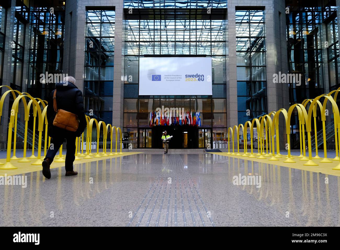 Brussels, Belgium. 17th Jan, 2023. A view of a banner inside the EU ...