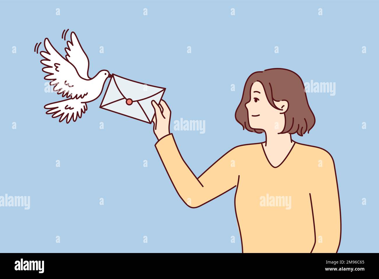 Smiling woman holds out envelope to pigeon to deliver message to ...