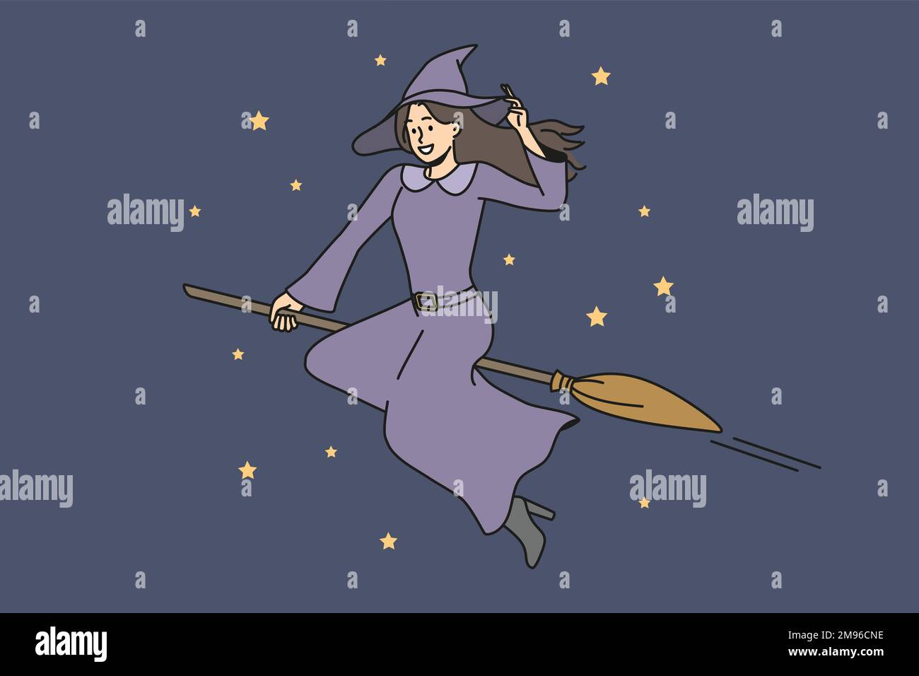 Smiling young witch in costume flying on broom in dark night sky. Happy ...
