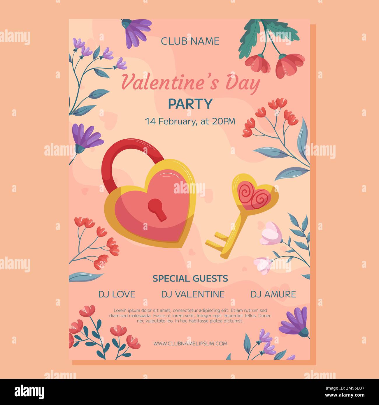 Valentine's Day Party poster template design. Lock and key in heart ...