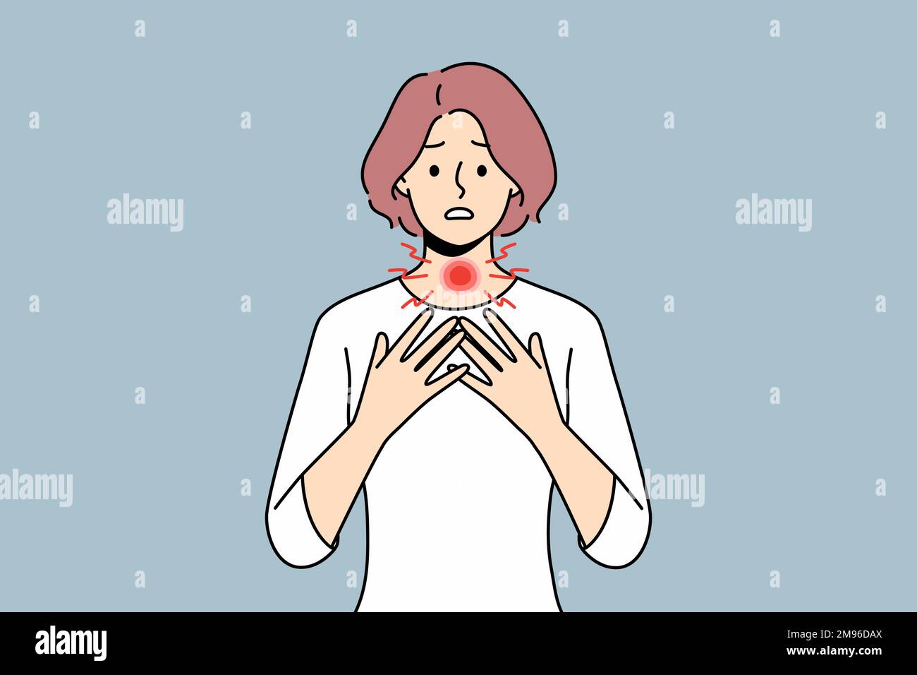 Unhealthy young woman suffer from thyroid problems. Unhappy sick female ...