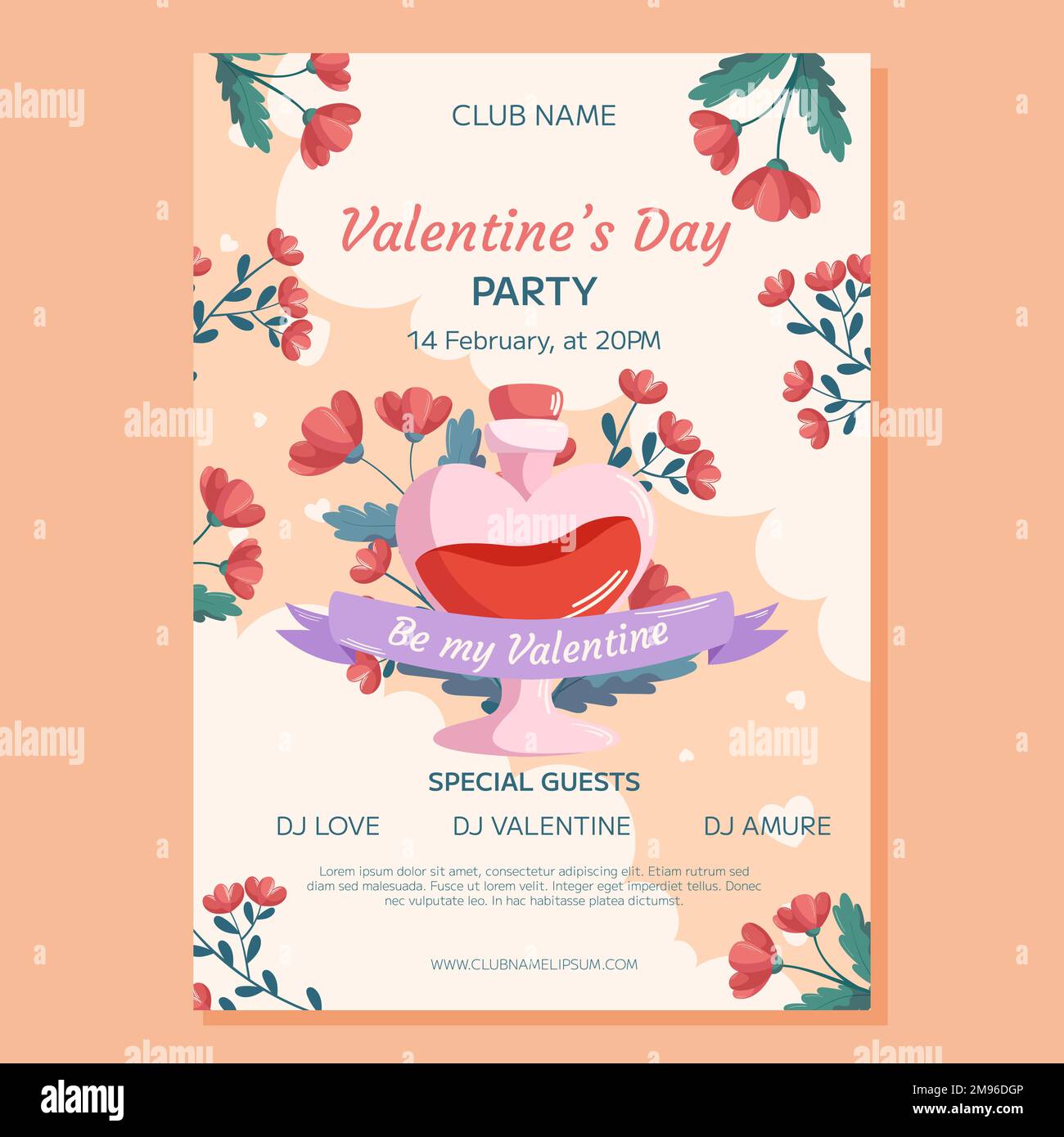 Valentine's Day Party poster template design. Love potion bottle ...