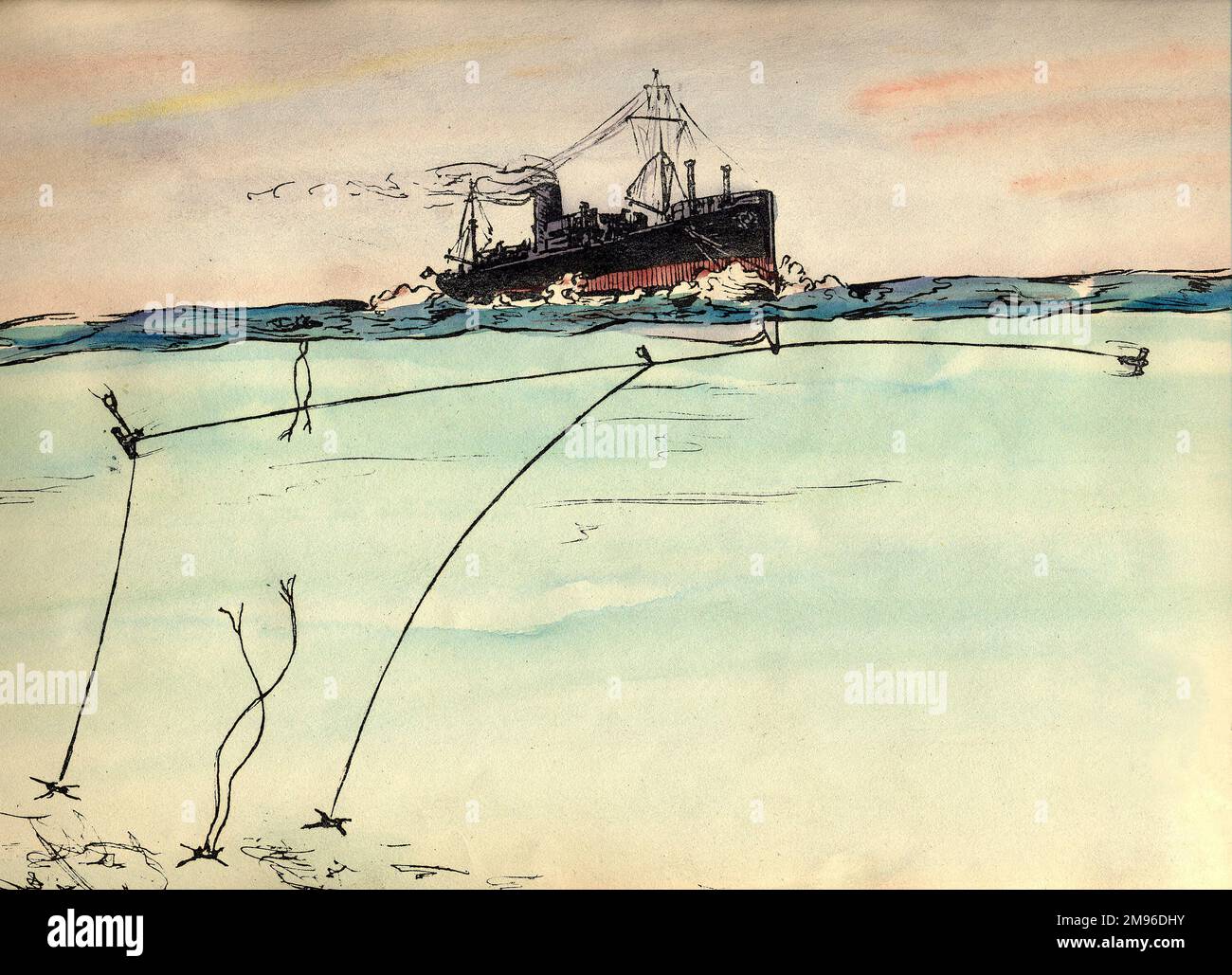 Merchant ship fitted with Vickers 'M' type paravane bow protectors ...