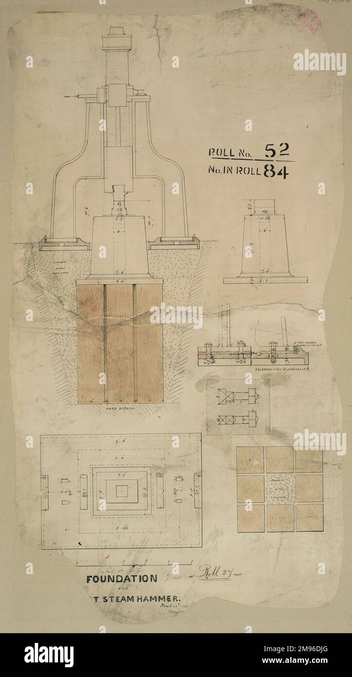 Foundation for 30 cwt steam hammer, plan, front elevation and details ...