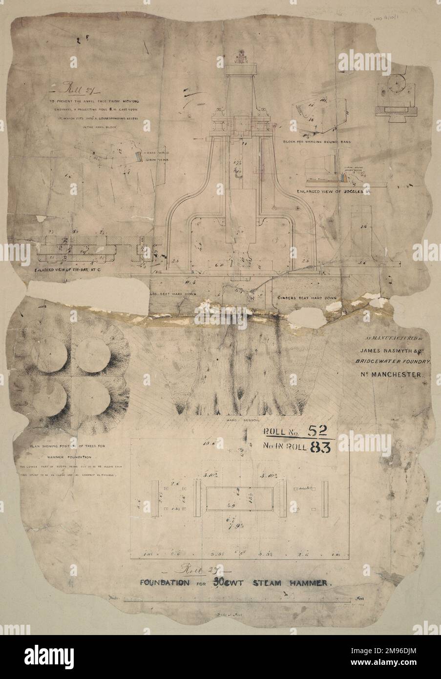 Foundation for 30 cwt steam hammer, plans, front elevation and details ...