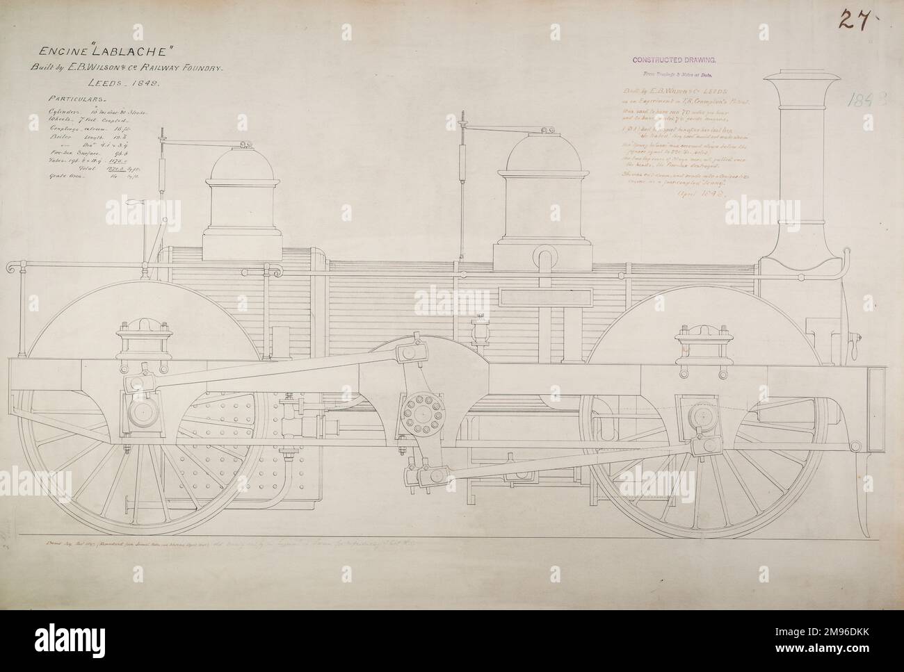 Lablache, constructed drawing of a locomotive passenger engine, side ...