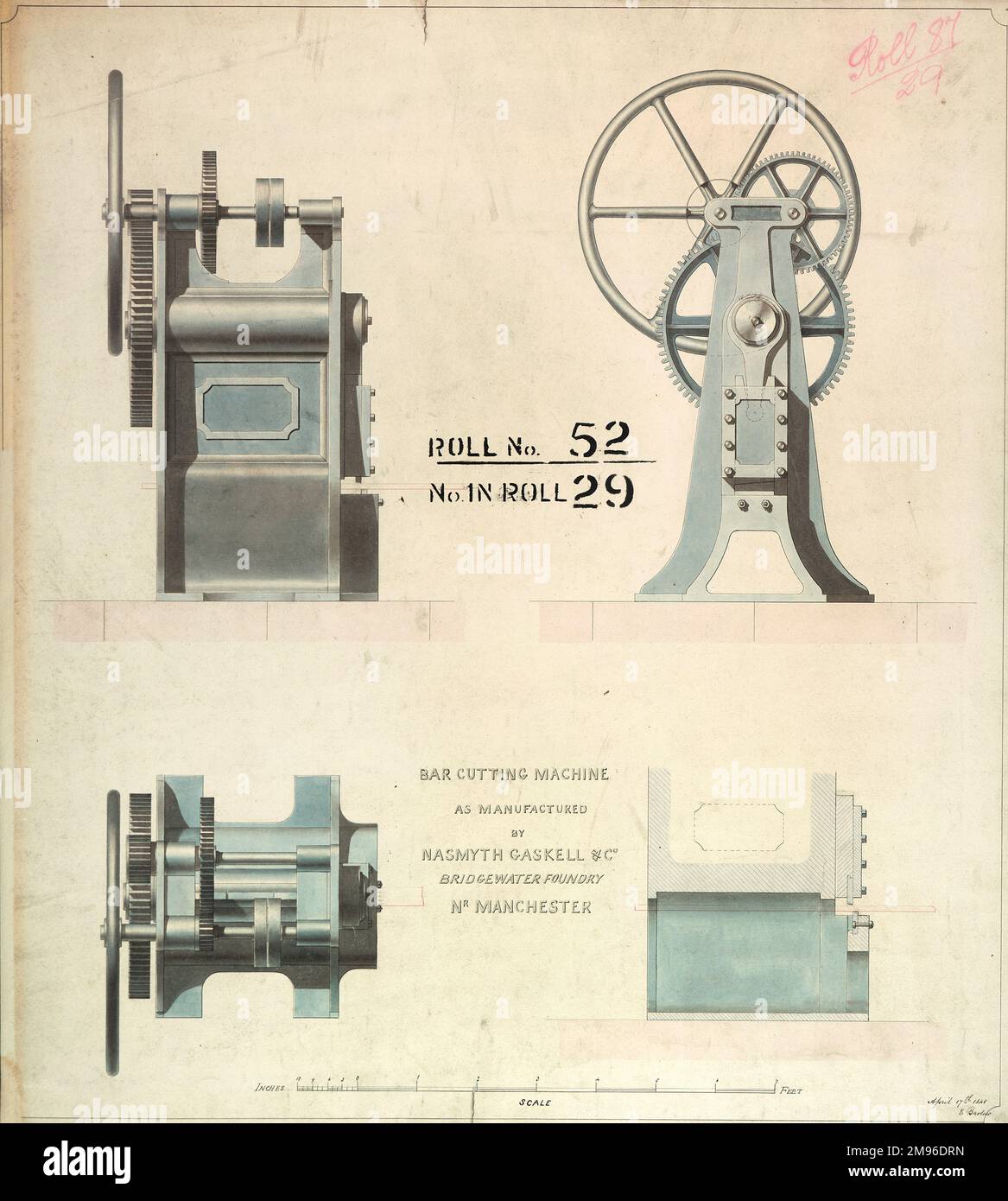 Bar cutting machine, plan, front and side elevations and detail Stock ...