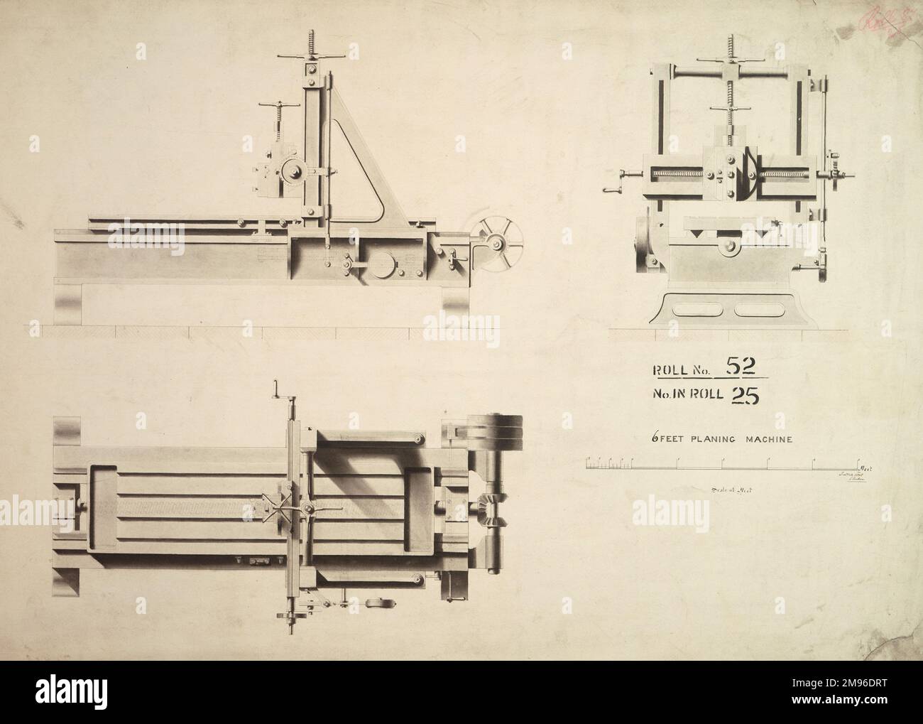 6 feet planing machine, plan, front and side elevations Stock Photo - Alamy