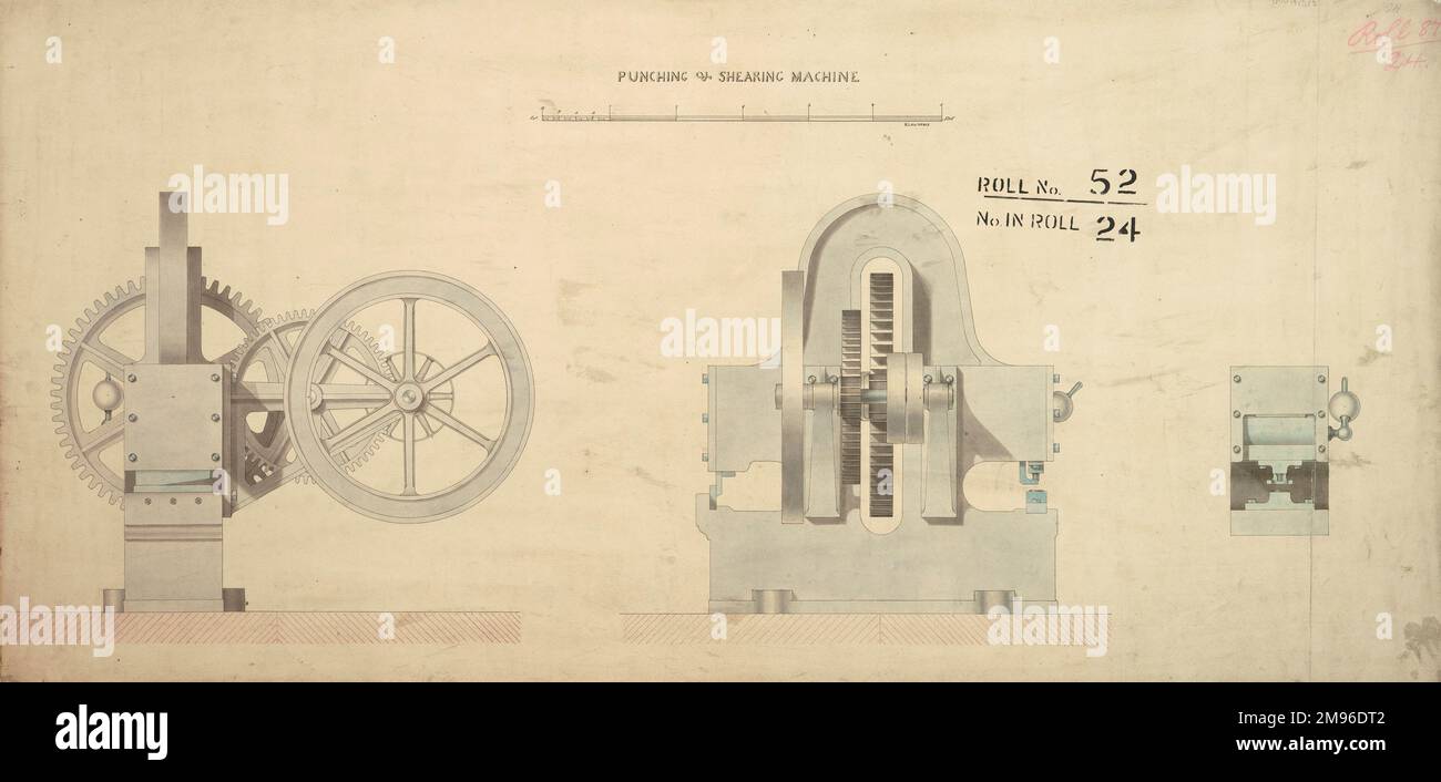 Punching and shearing machine, front and side elevation with detail ...