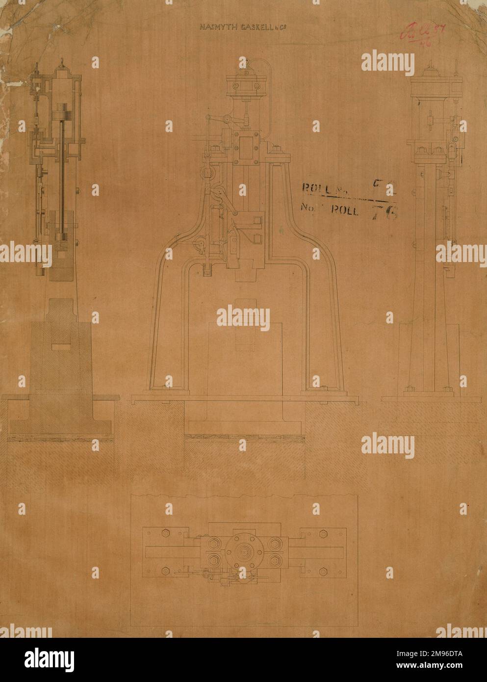 J Nasmyth's patent steam hammer, plan, front and side elevations Stock ...