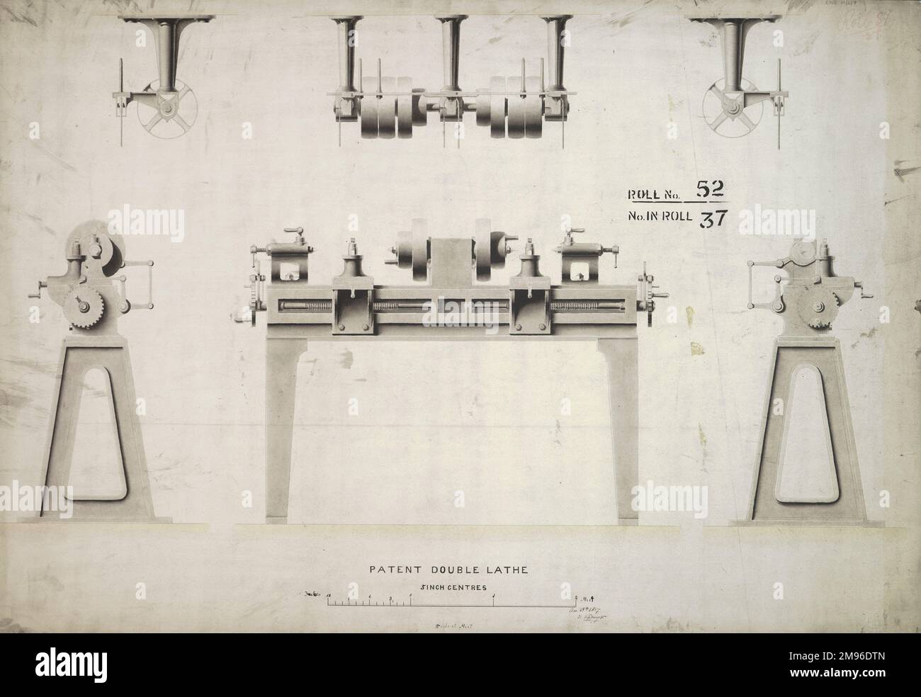 Patent double lathe 5 inch centres, front and side elevations and ...