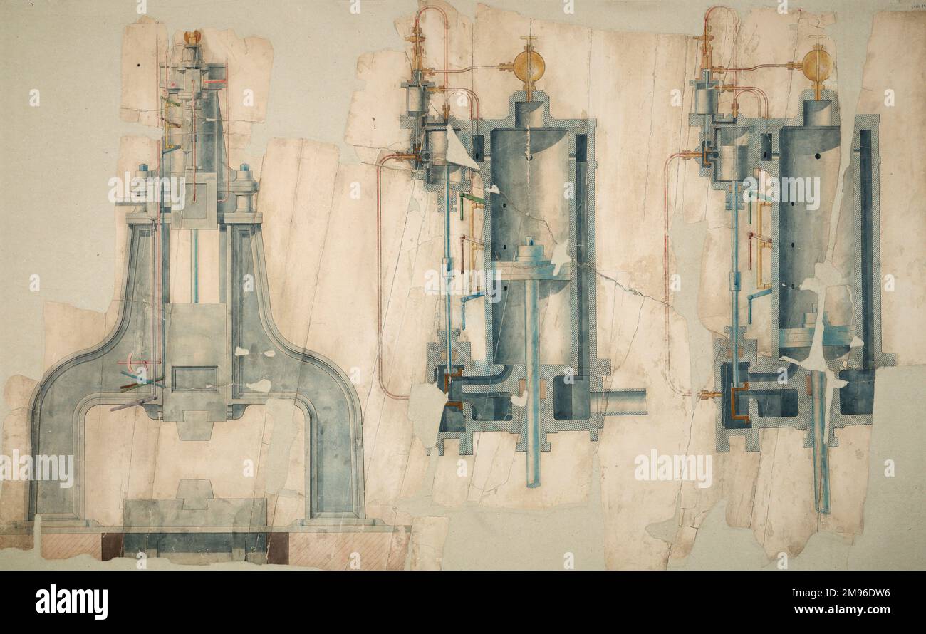 Steam hammer, front elevation and details of piston and cylinder Stock ...