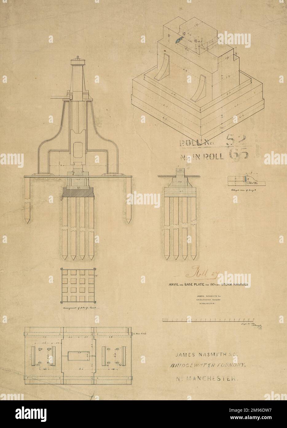 Anvil and base plate for 80 cwt steam hammer, plan, elevation and ...